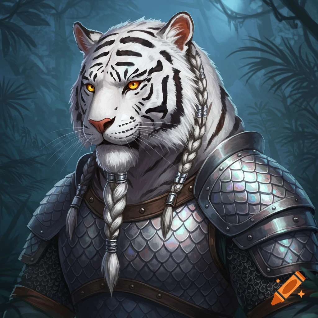 White tiger humanoid with braided beard and scale mail armor on Craiyon