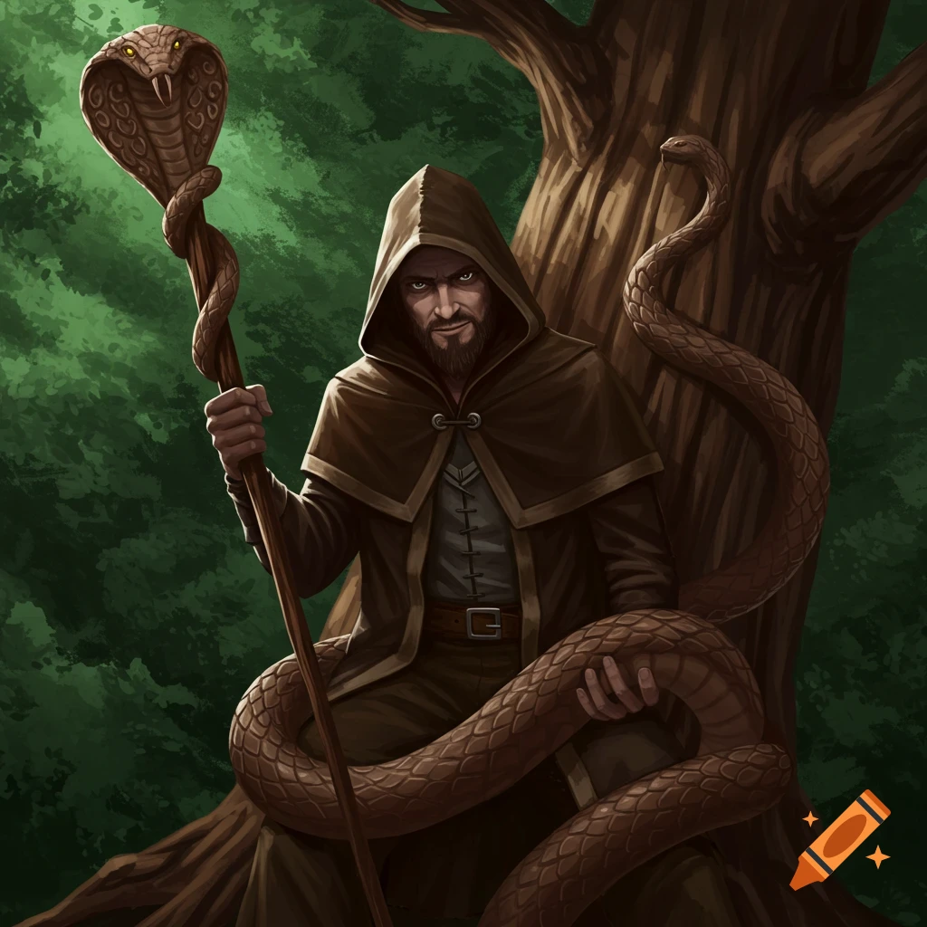 Mysterious man with serpent staff smirking under a tree on Craiyon