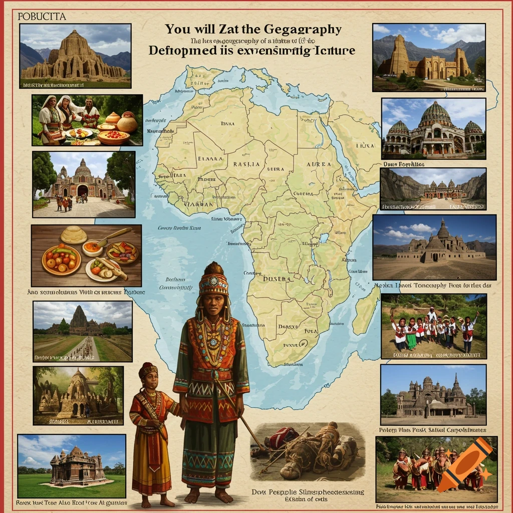 Poster design featuring a map and examples of a region's geography and its impact on culture. on ...