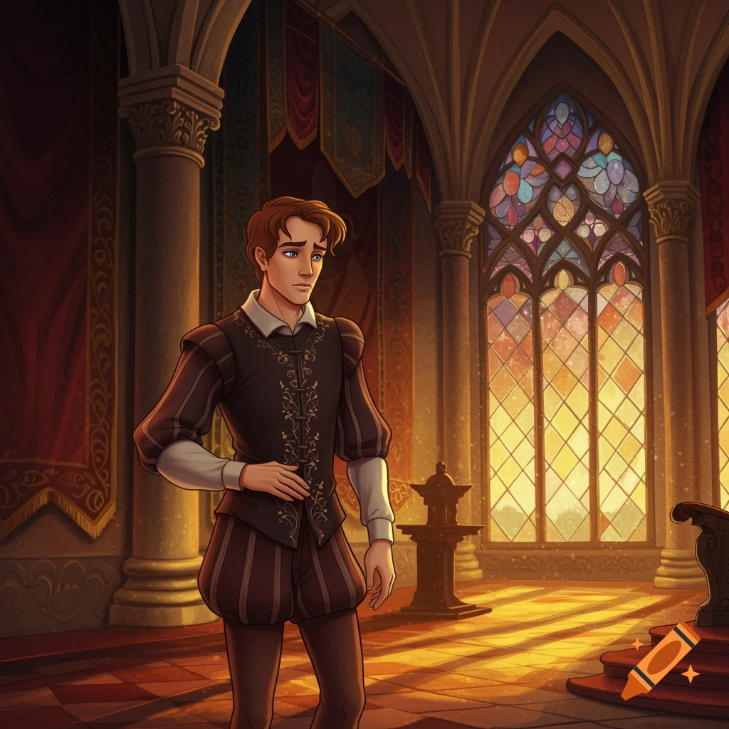 A man in historical clothing stands in a grand castle room with stained ...