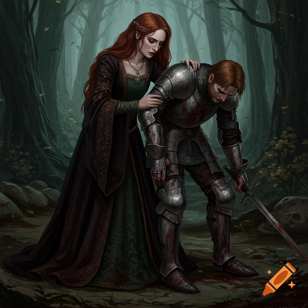 A medieval lady supports a wounded knight in a dark forest. on Craiyon