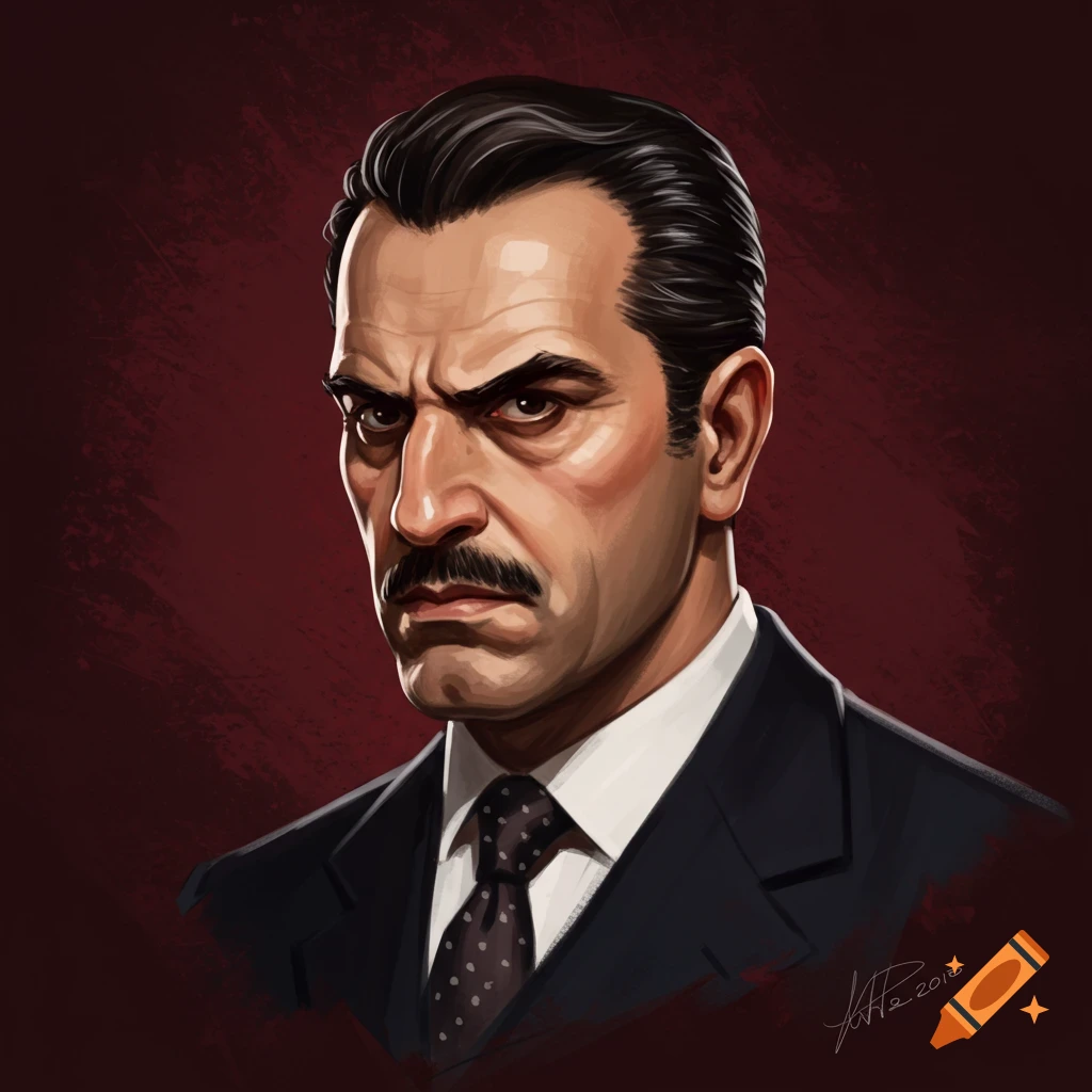 Stylized portrait of a stern man with a mustache in a suit. on Craiyon