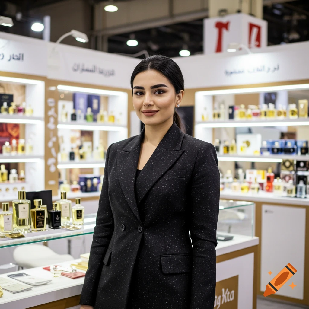 A woman in a suit stands at a perfume exhibition booth. on Craiyon