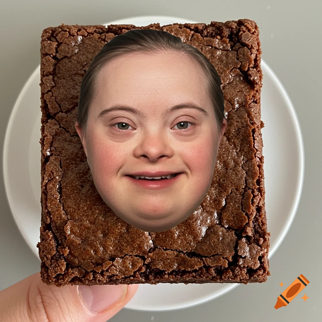 Brownie with a Down syndrome human face on Craiyon
