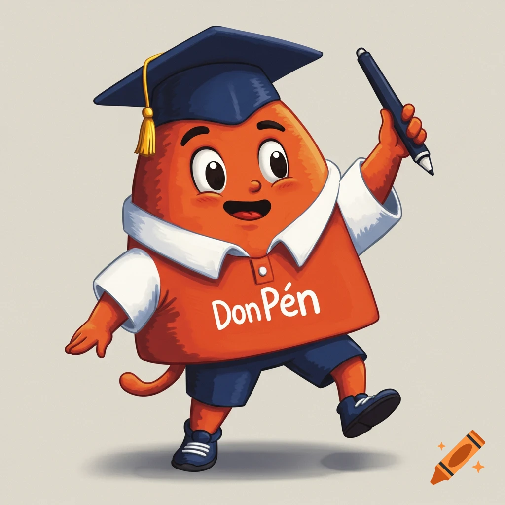 Cartoon mascot wearing a graduation cap and shirt with 'Don Pén' text ...