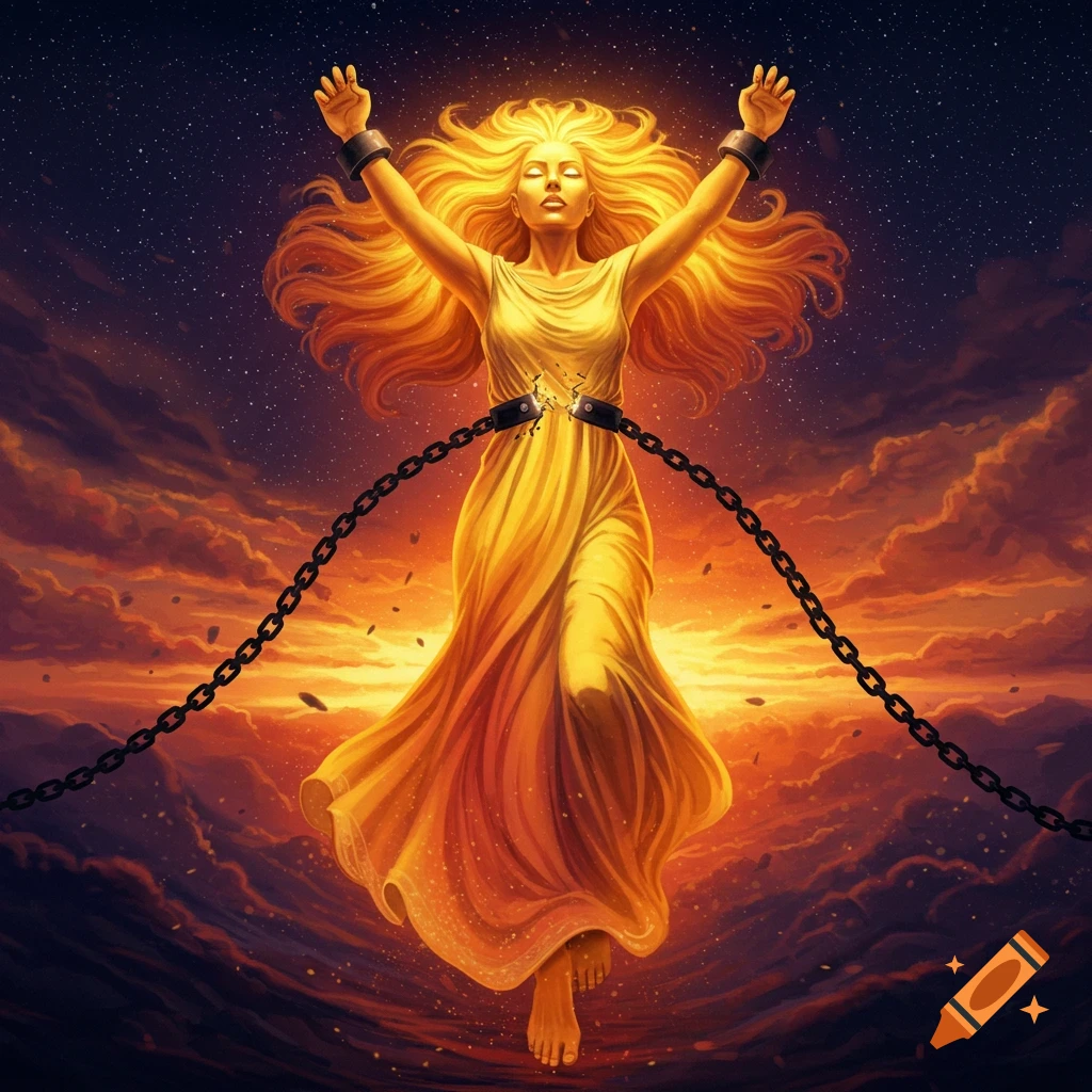 Woman in golden dress breaking chains with arms raised against dramatic ...