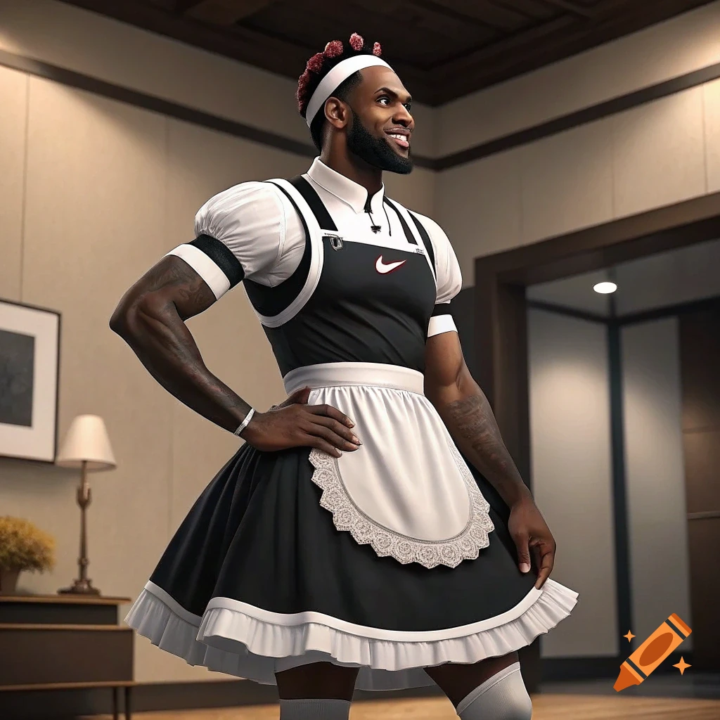 A man resembling Lebron James in a black and white maid costume stands ...