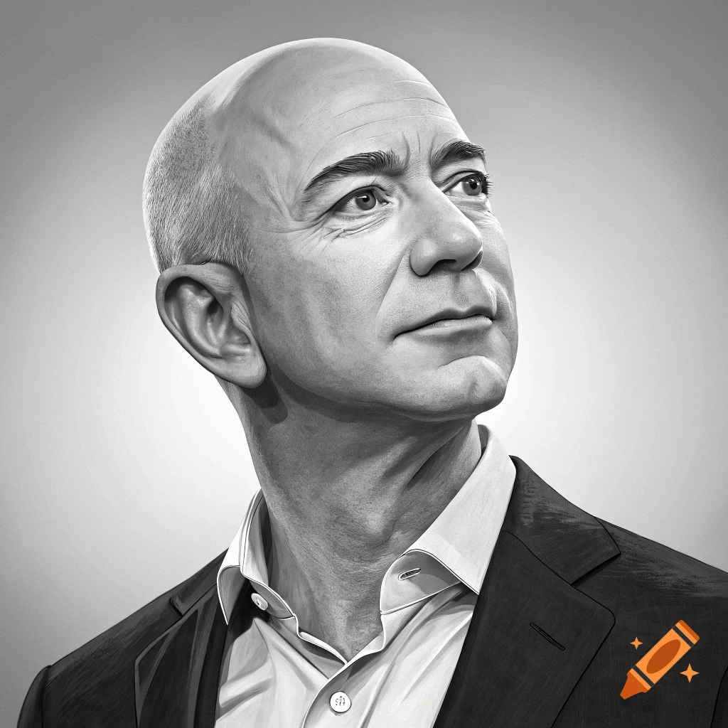 Black and white close-up portrait of Jeff Bezos looking up on Craiyon