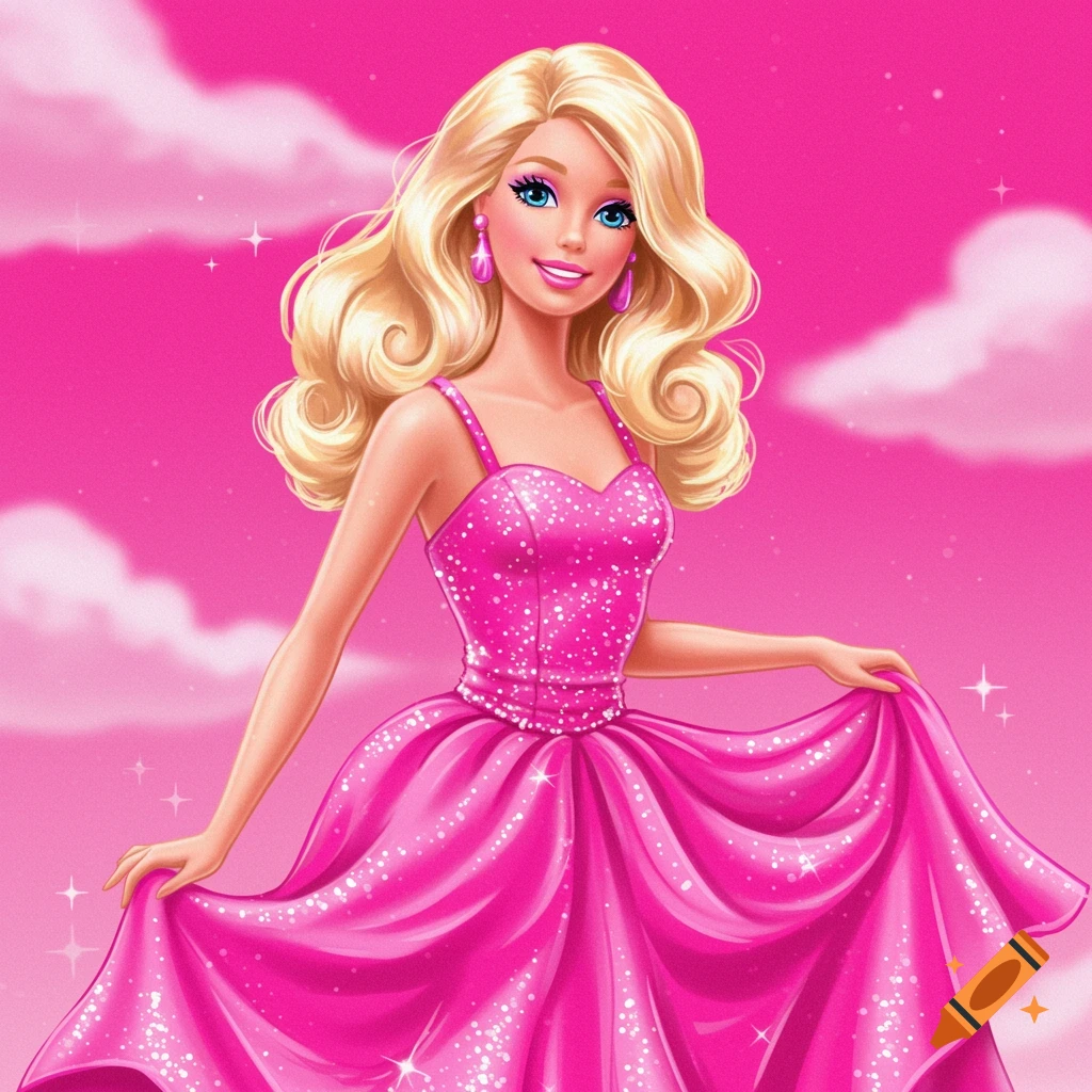 Barbie in a sparkly pink dress against a pink cloudy sky. on Craiyon