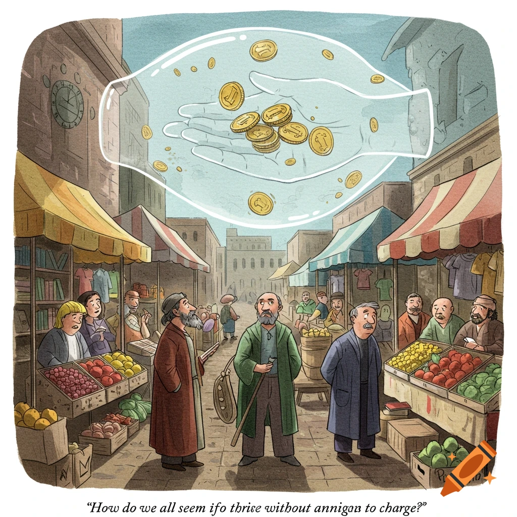 Busy marketplace with merchants and a symbolic invisible hand guiding ...