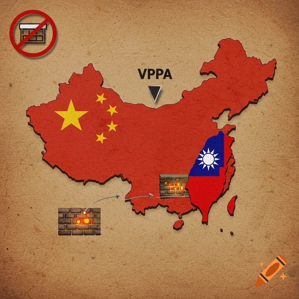3D map of China and Taiwan with Chinese and Taiwanese flags, VPN symbol ...