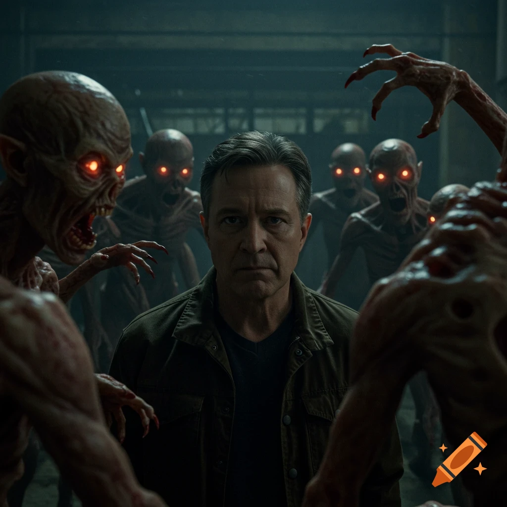 Man with creepy monsters on Craiyon