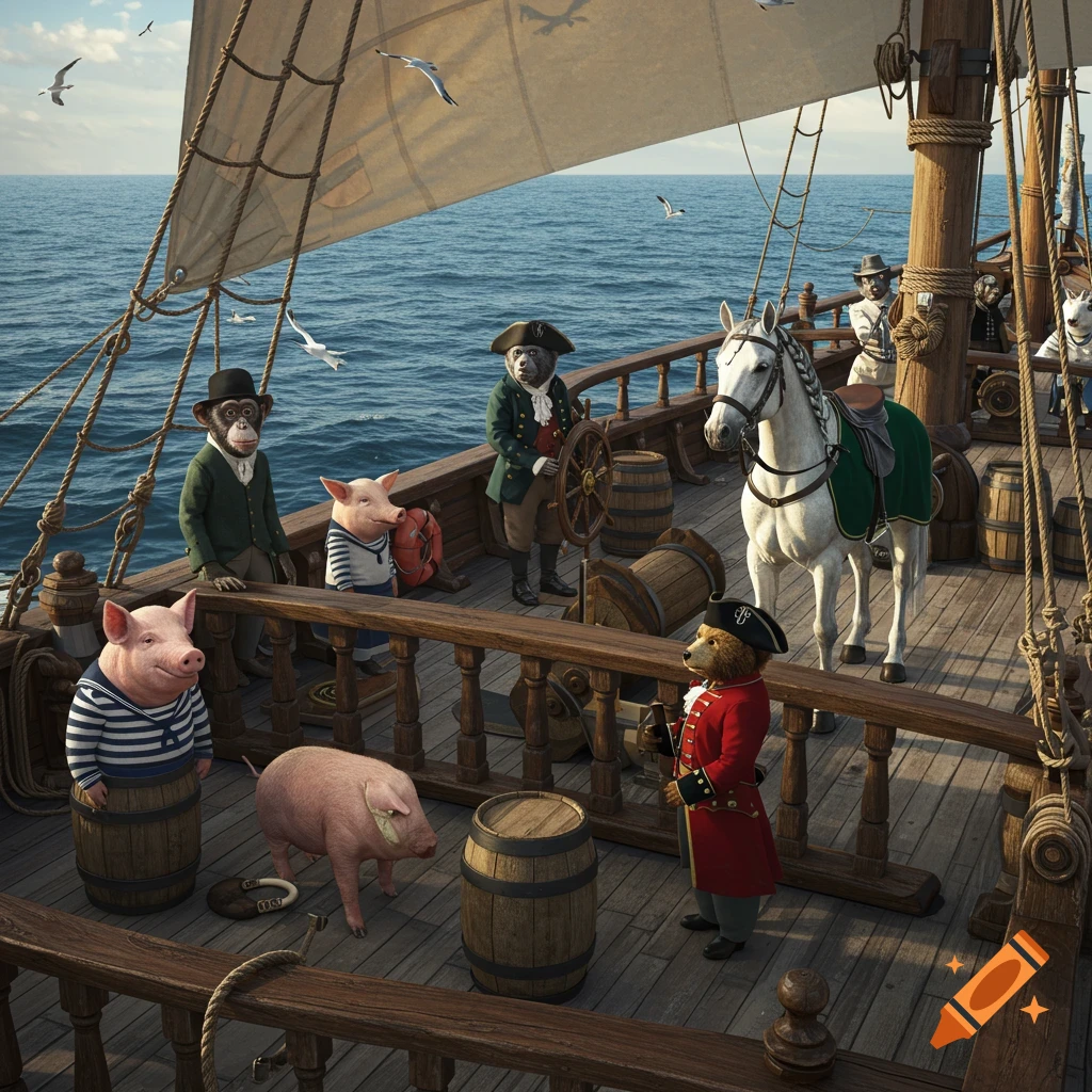 1800s boat with clothed animals aboard on Craiyon