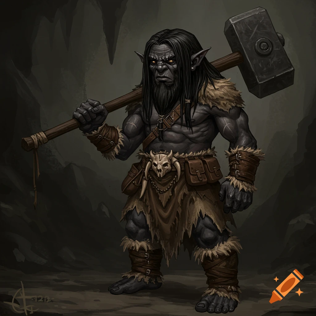 Deep Gnome (Svirfneblin) with war hammer in shadowy cavern on Craiyon
