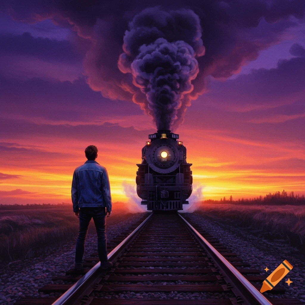 A young ginger man runs in fear down train tracks as a large, steaming ...