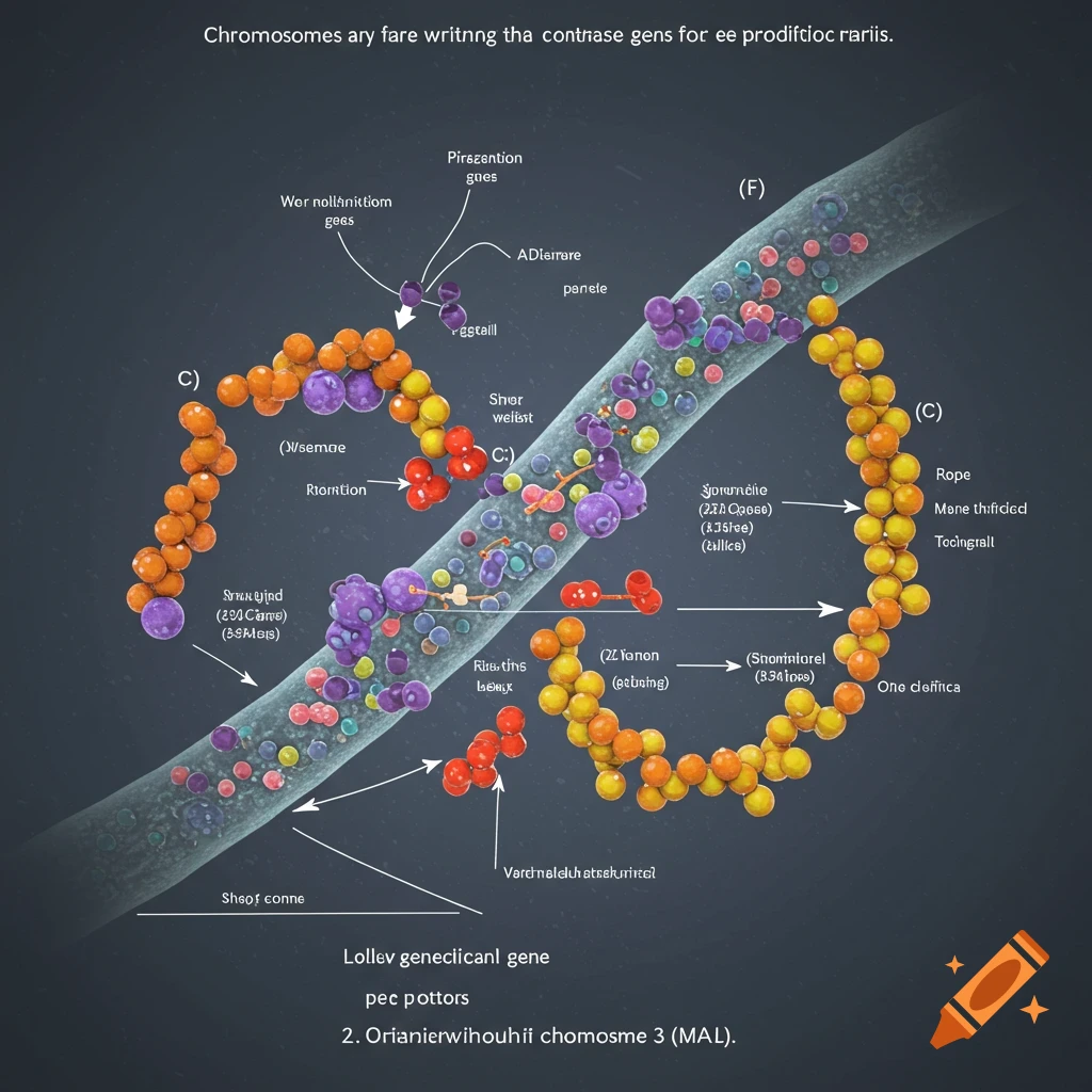 Diagram of chromosomes, genes, and protein production on Craiyon