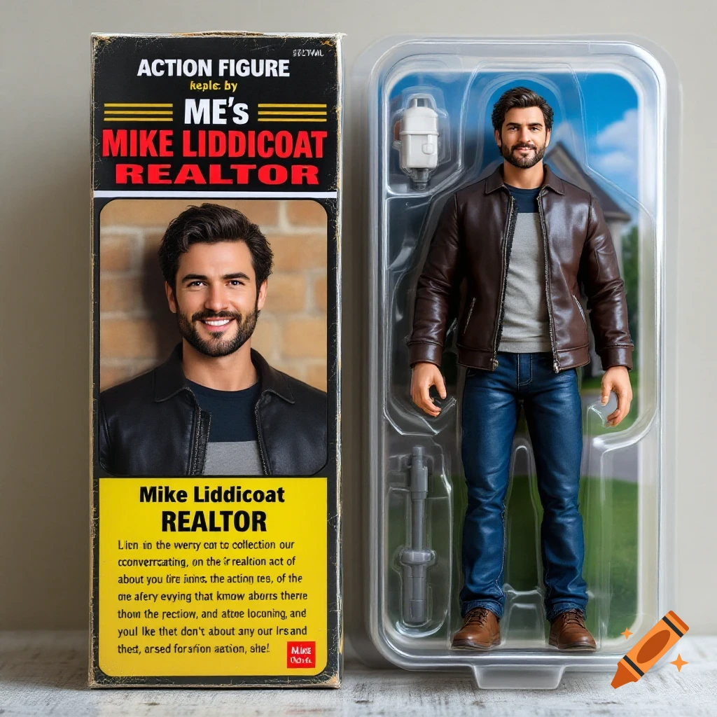Mike Liddicoat Realtor action figure in original packaging on Craiyon