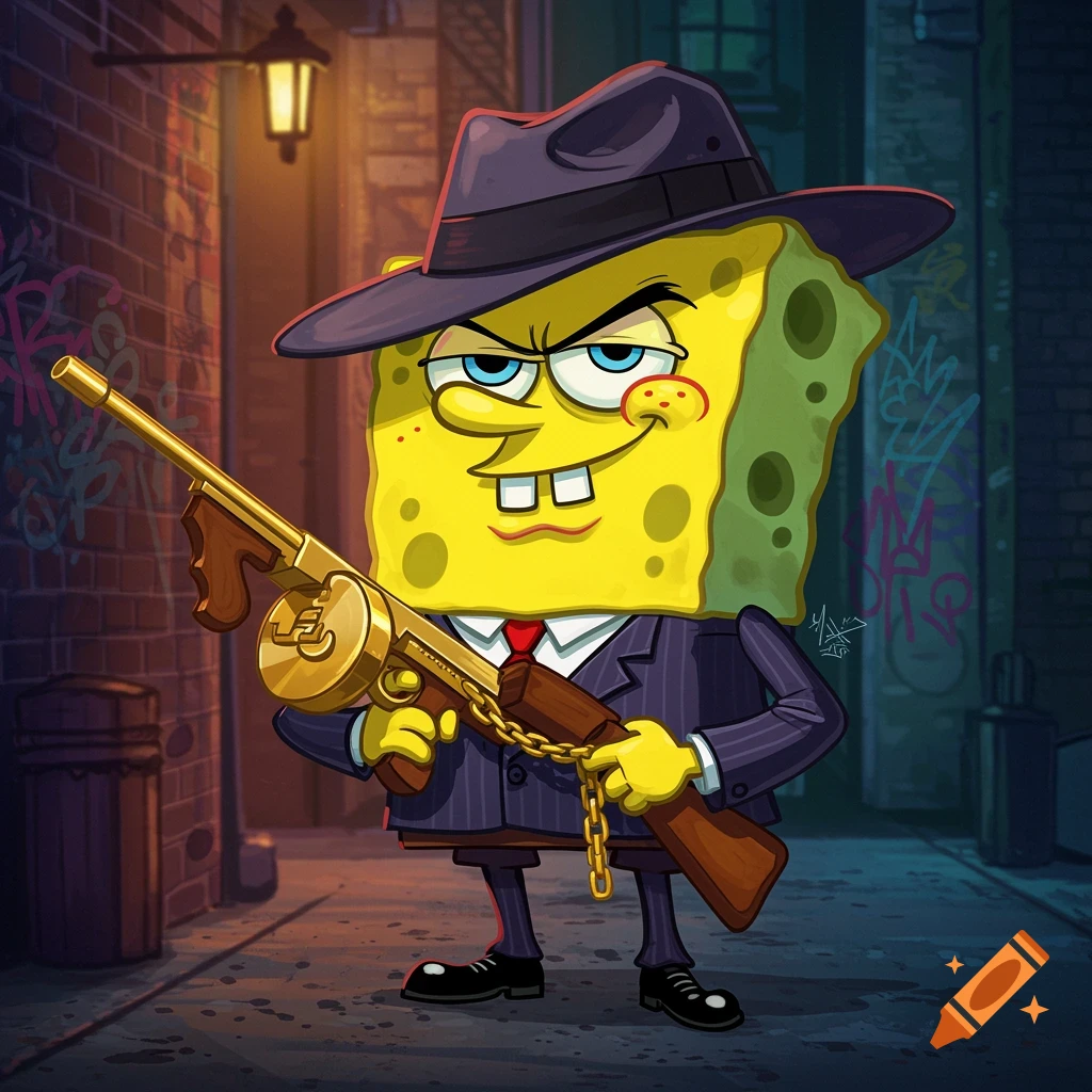 Cartoon SpongeBob SquarePants in a trench coat and sunglasses holding a ...
