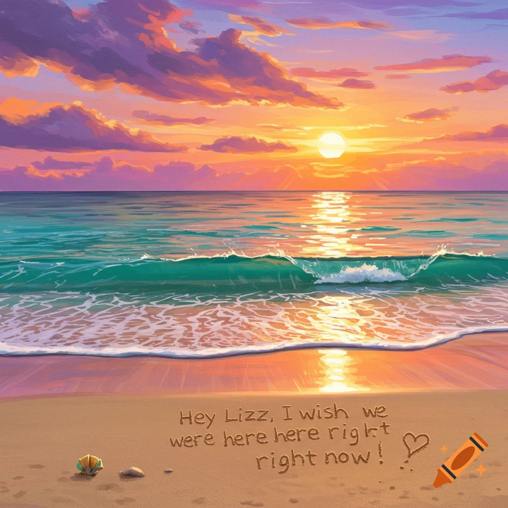 Beach scene with the text 'Hey Liz, I wish we were here right now!' on ...