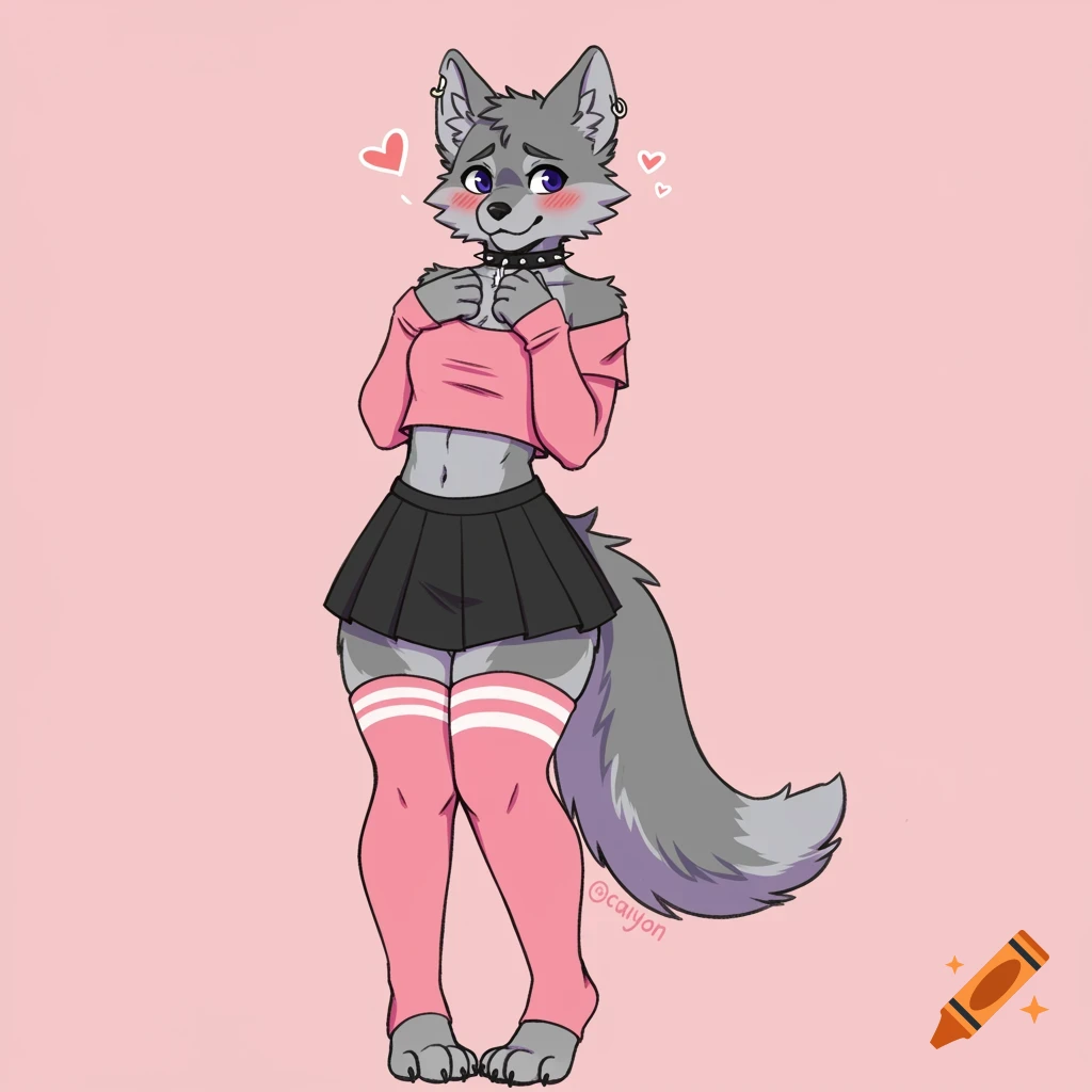 Shy grey wolf furry femboy with skirt and thigh highs on Craiyon
