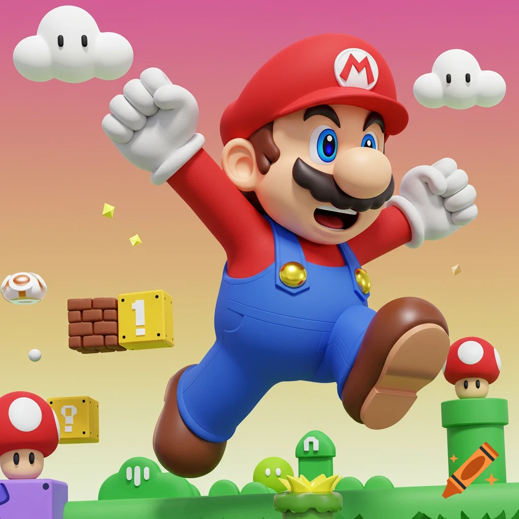 3D render of Mario jumping and collecting coins in a Super Mario ...