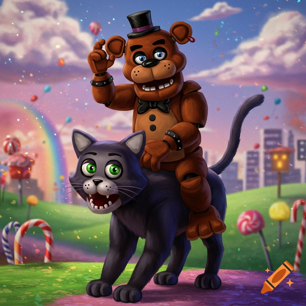 Cartoon drawing of FNAF nightguard running from Freddy Fazbear on Craiyon