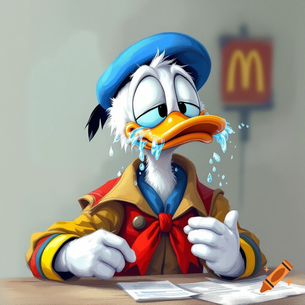 A stylized illustration of Donald Duck in a Snoopy hoodie and green hat, conjuring green magic ...