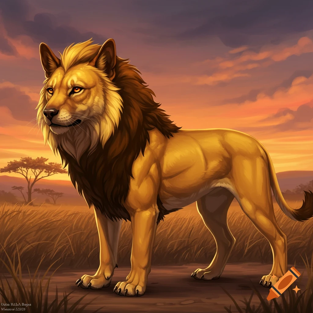 A lion-dog hybrid fantasy creature in a savannah at sunset. on Craiyon