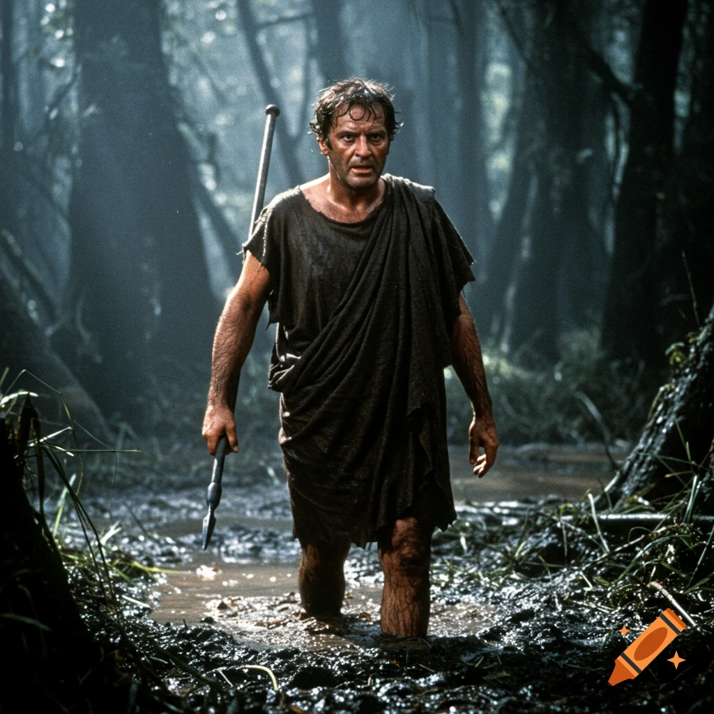 A man in a ragged robe walks through a misty swamp carrying a tool ...