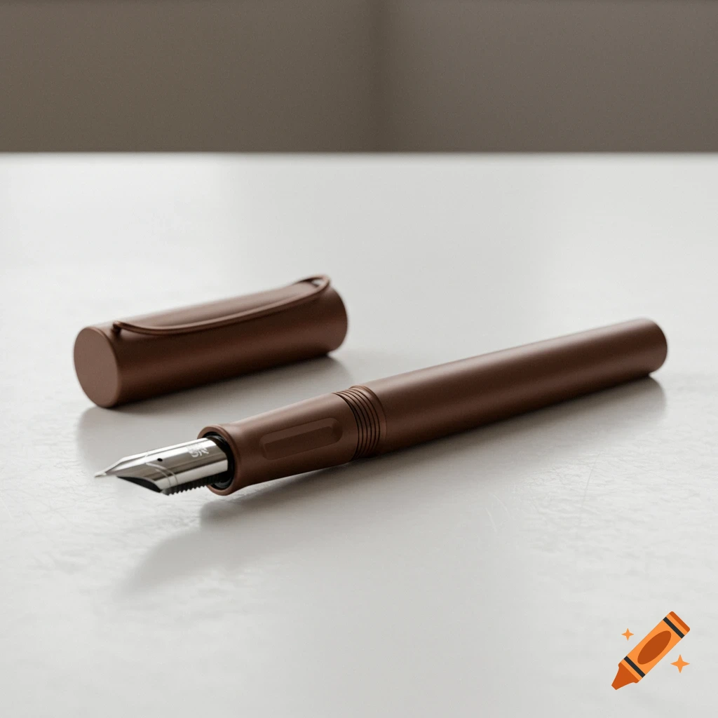 A brown fountain pen with its cap off on a surface. on Craiyon