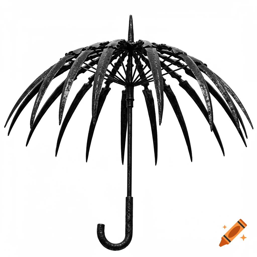 A black metal umbrella with the canopy made of scythe blades, on a ...