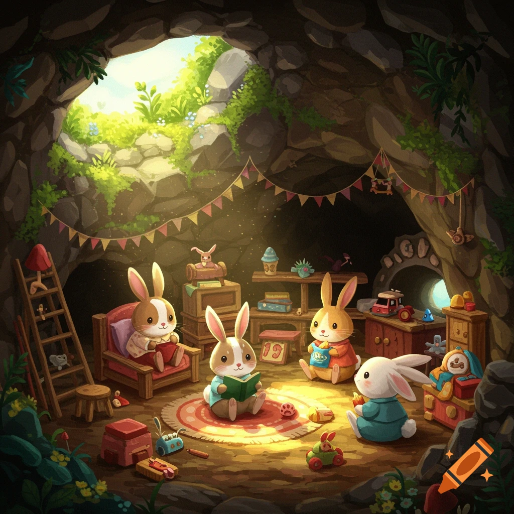 Photorealistic image of many brown rabbits in a complex underground ...