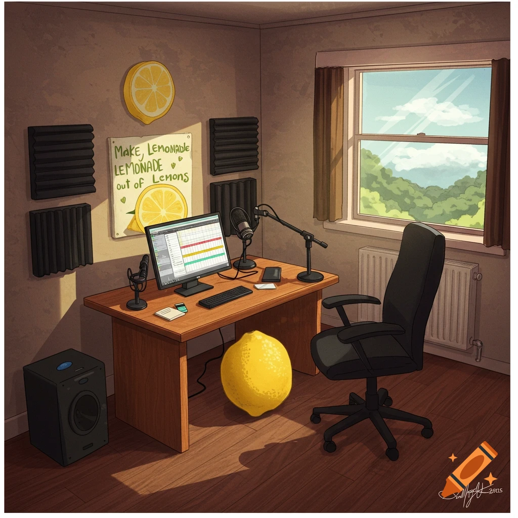Podcast studio in a spare bedroom with a making lemonade metaphor theme on Craiyon