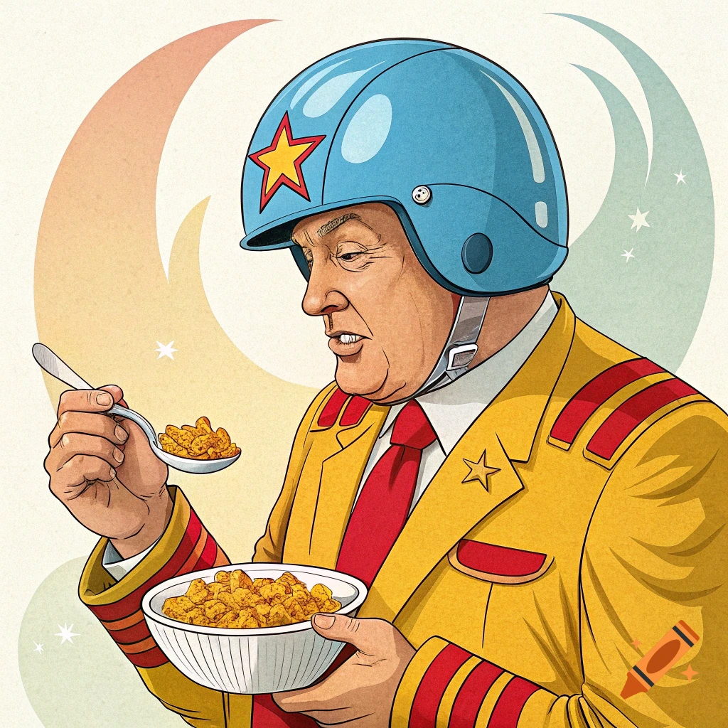 Cartoon portrait of Donald Trump dressed as Captain Crunch, eating ...