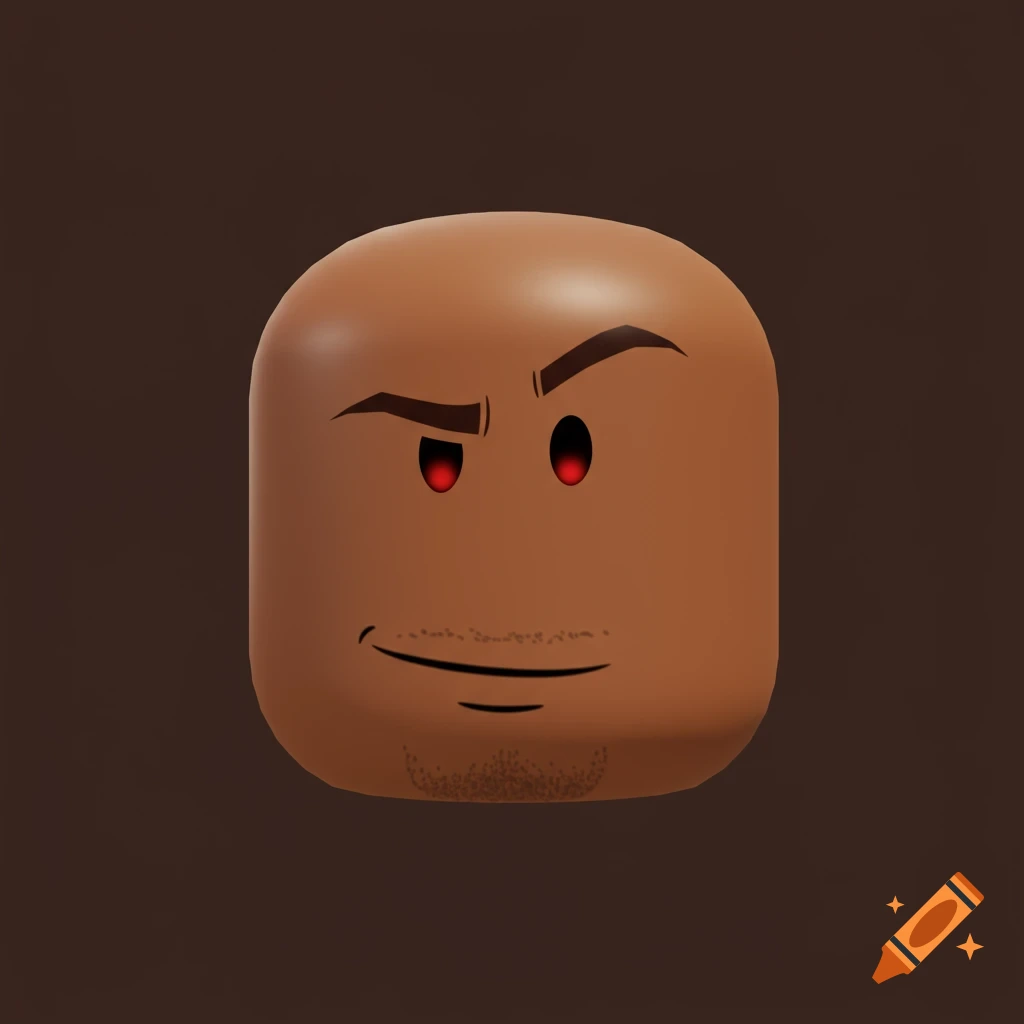 A brown Roblox character head with red eyes and angry eyebrows. on Craiyon