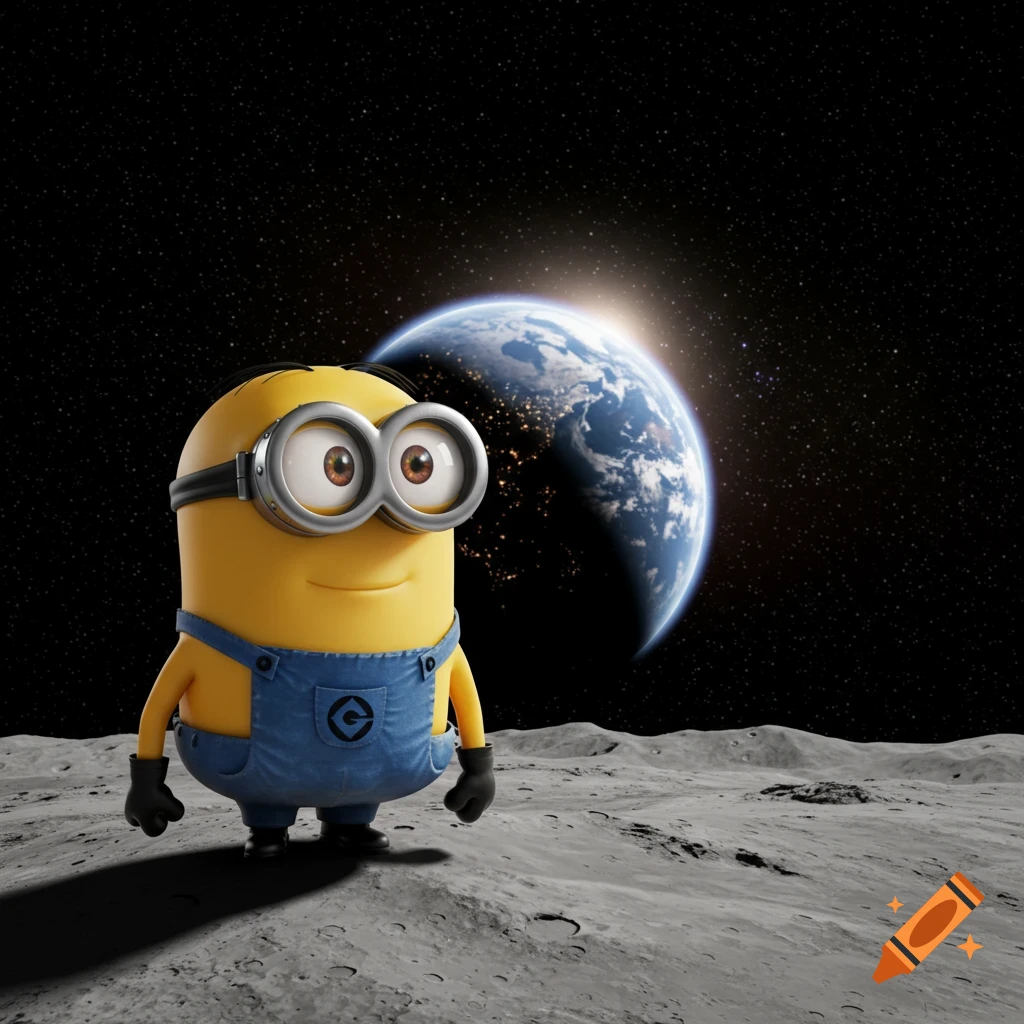 A Minion stands on the surface of the moon, looking at Earth rising in ...