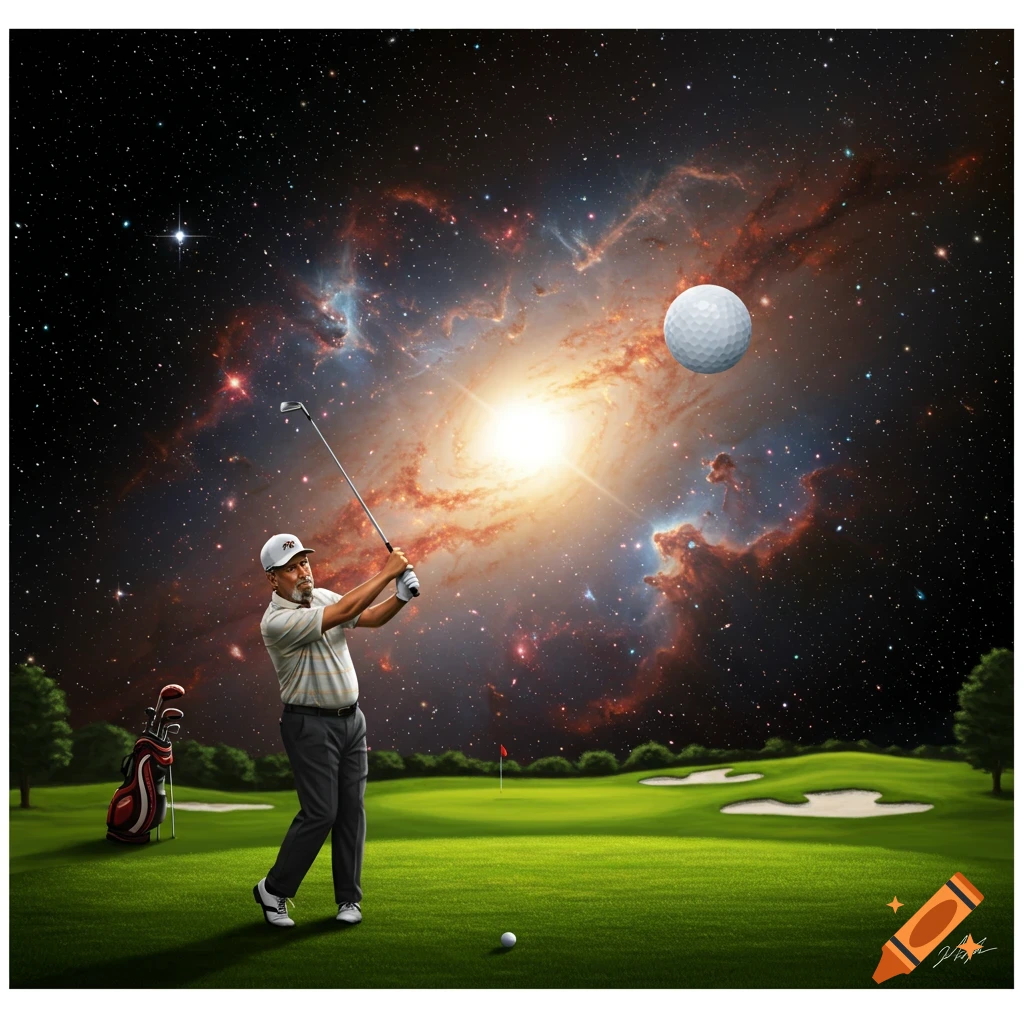 A golfer on a golf course driving a ball into a galaxy and starry space ...