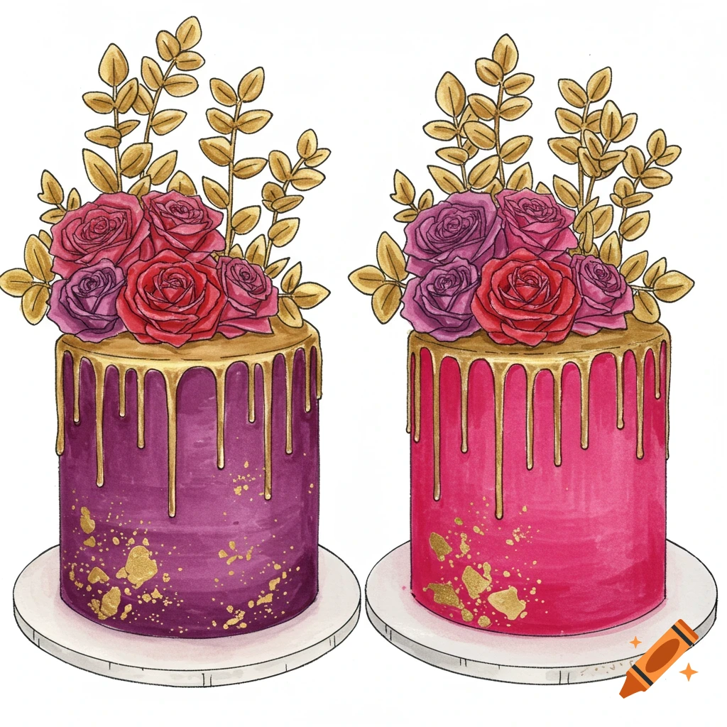 Two illustrated cakes with gold drip icing and floral toppers. on Craiyon