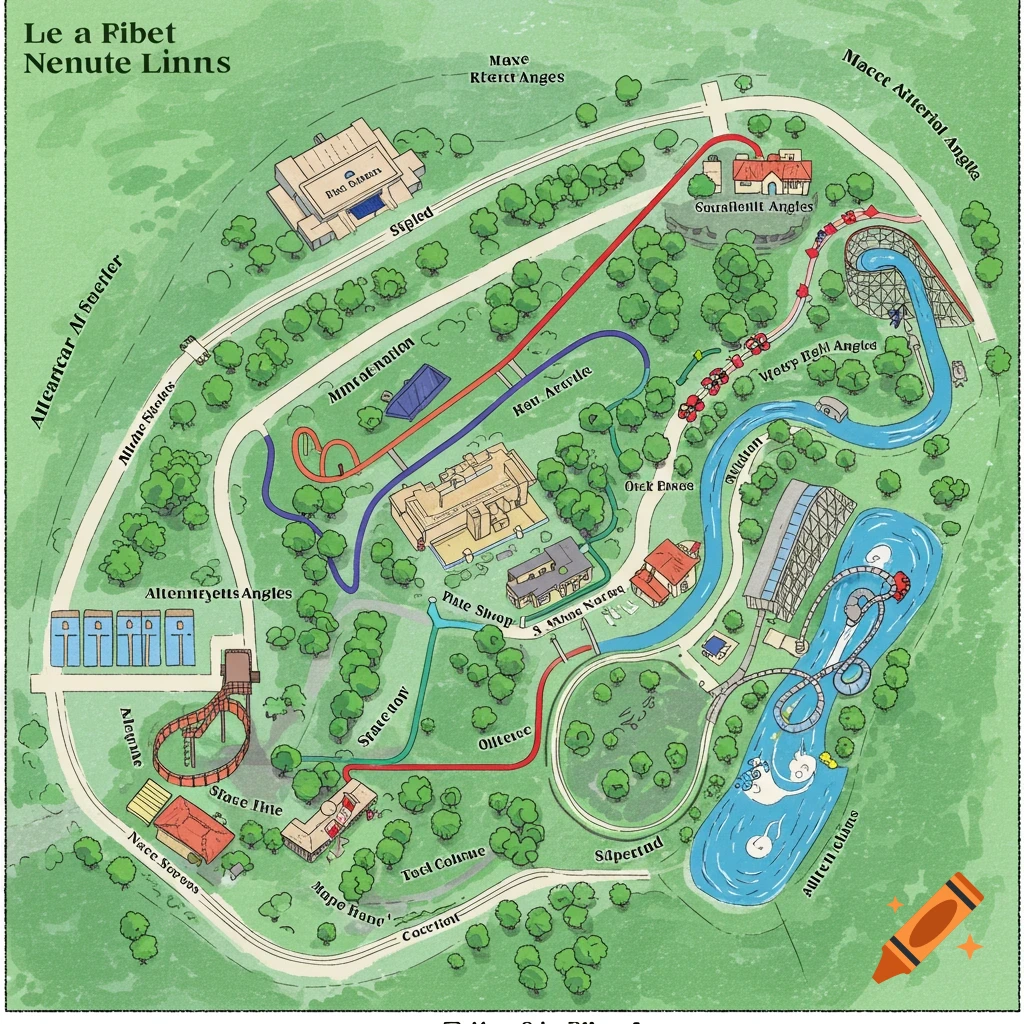 Theme park map with biblical street names, geometric angles, snack shop ...