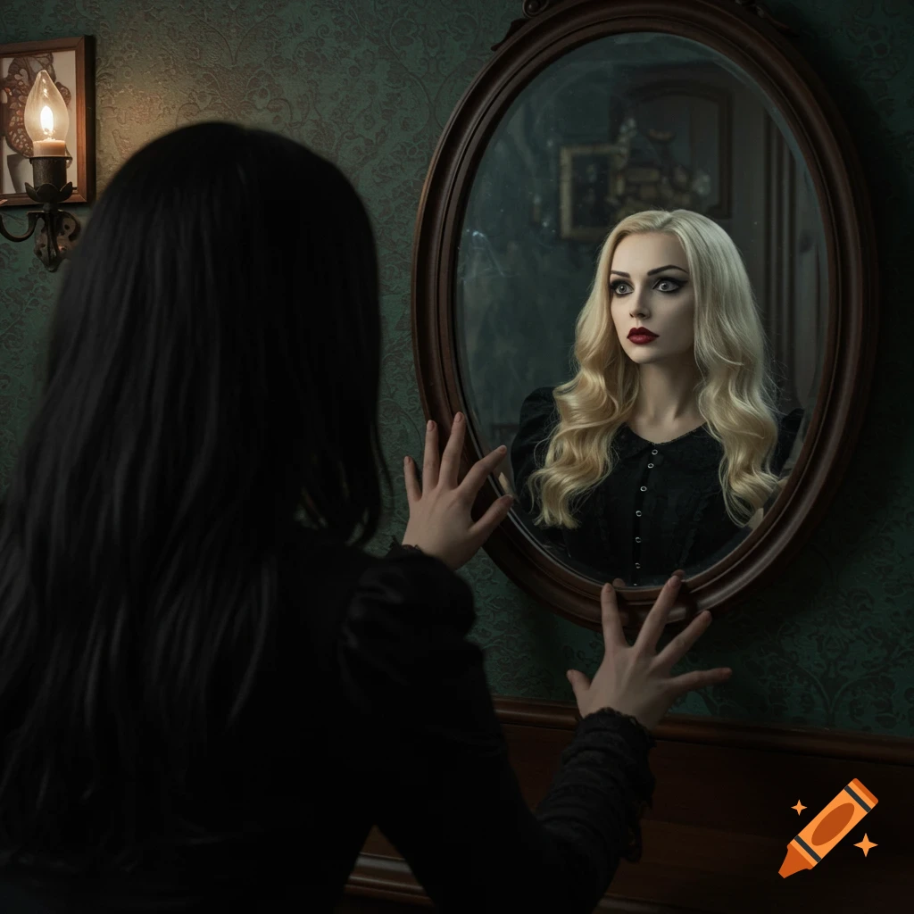 Goth girl looking in mirror, sees blonde reflection on Craiyon