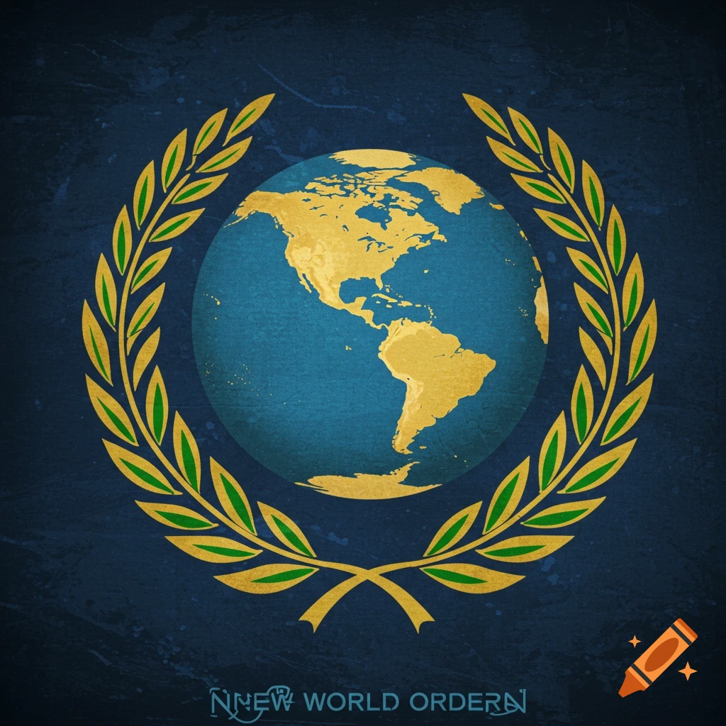 A gold globe and olive branches emblem on a blue background with text NNEW WORLD ORDER on Craiyon