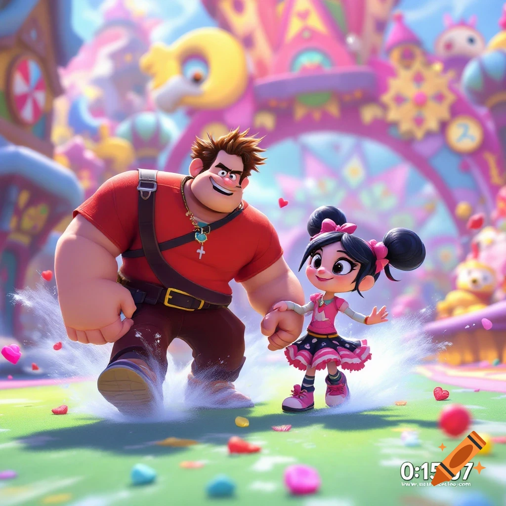 Wreck-It Ralph and Vanellope walk hand-in-hand through the colorful ...