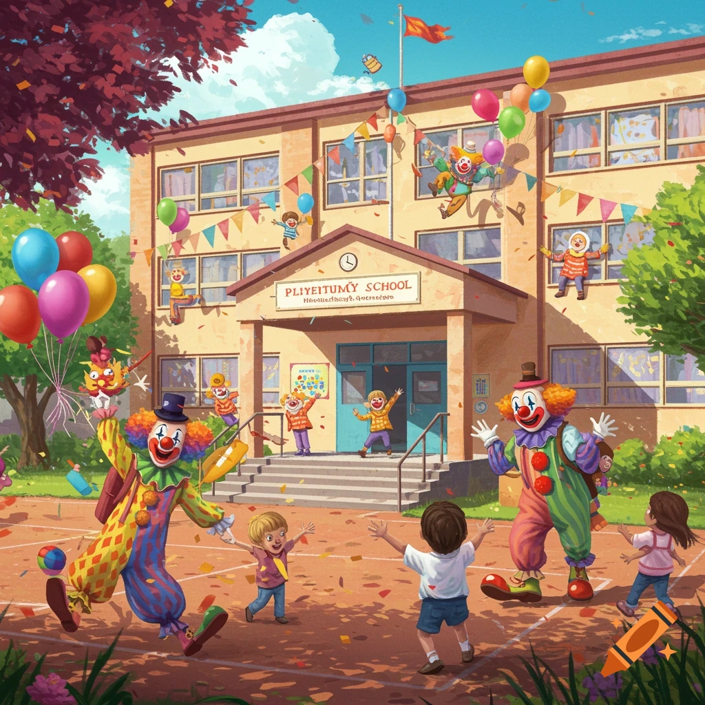 Clowns and children play in a schoolyard decorated with balloons and ...
