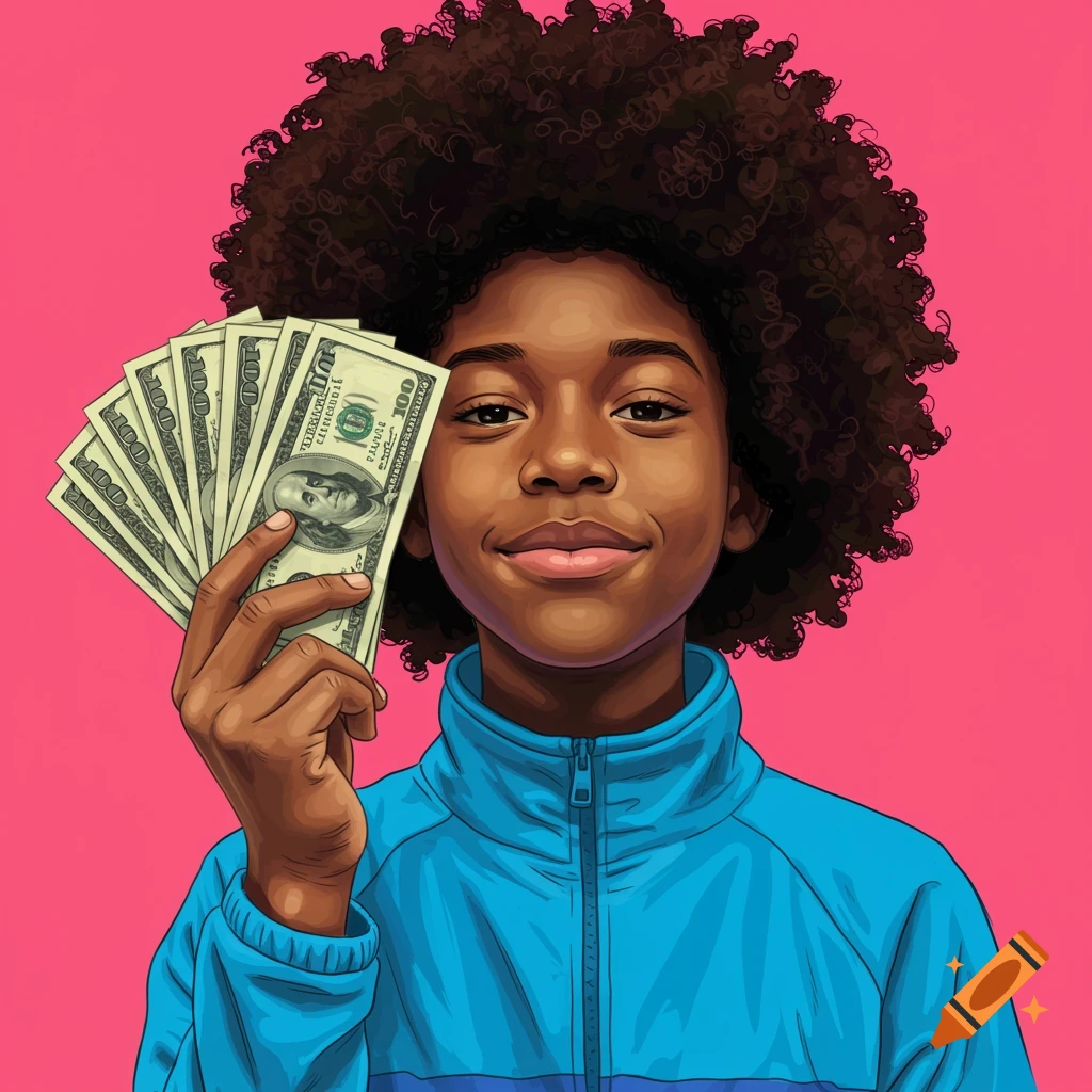 Young Black boy with an afro holding a stack of hundred-dollar bills ...