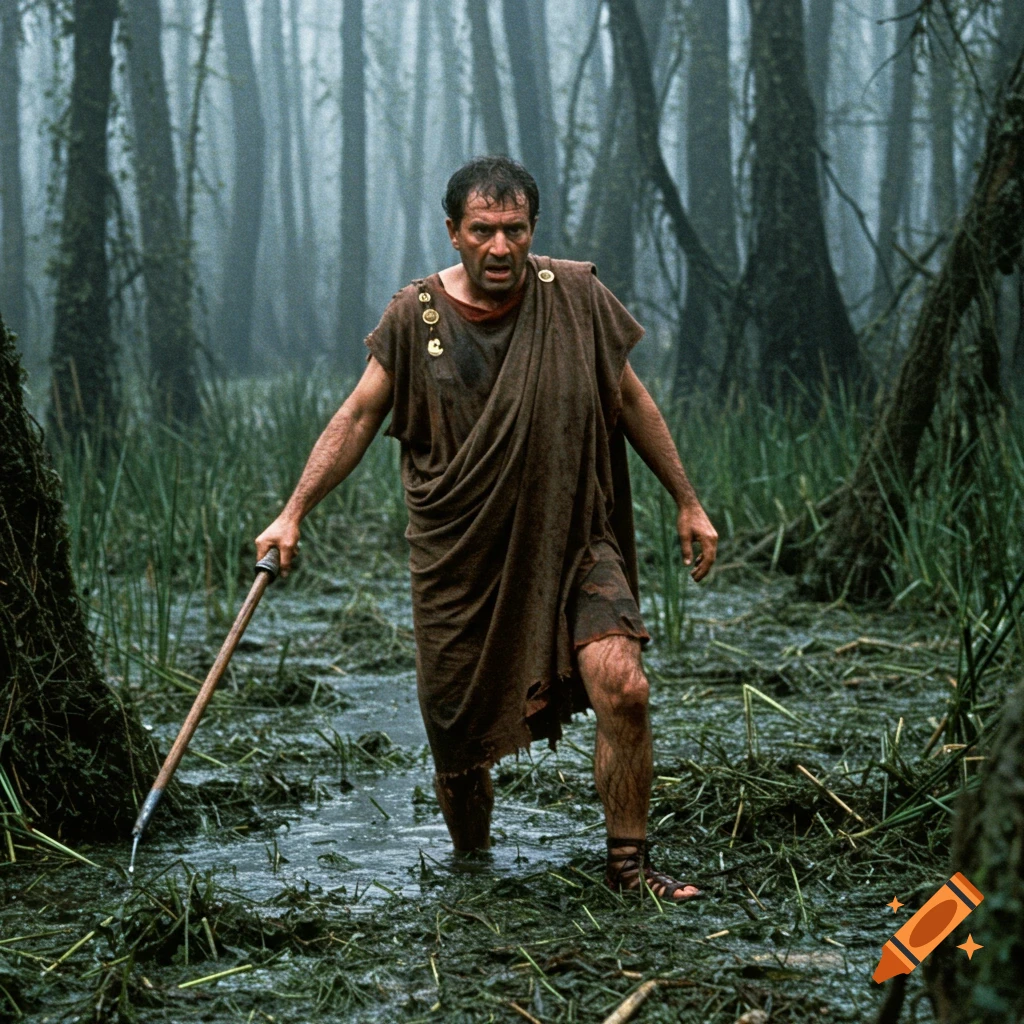 Roman senator with bayonet in swamp, 1984 movie scene on Craiyon