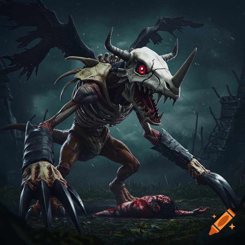 Realistic portrayal of SkullGreymon from Digimon on Craiyon