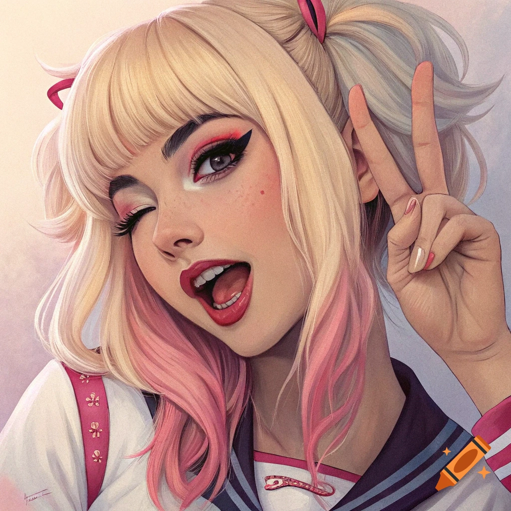 Gyaru girl winking and holding up a peace sign, anime style close up ...
