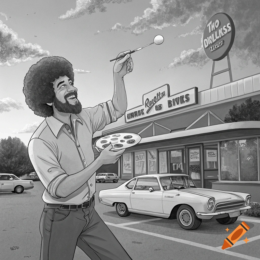 Black and white cartoon of Bob Ross playing hacky sack outside a 1960s ...