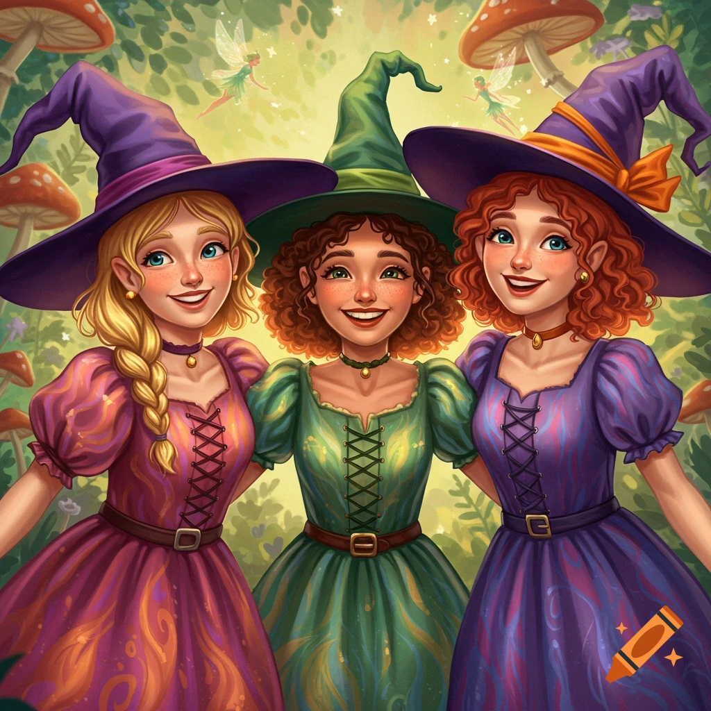 Illustration of three smiling witches in colorful dresses and hats ...