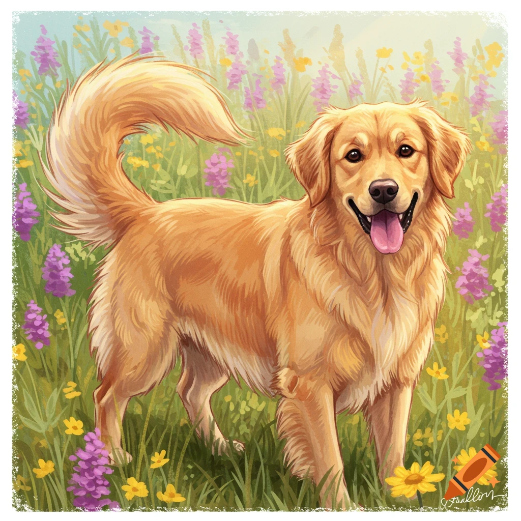 Illustration of a golden retriever dog looking back over its shoulder ...